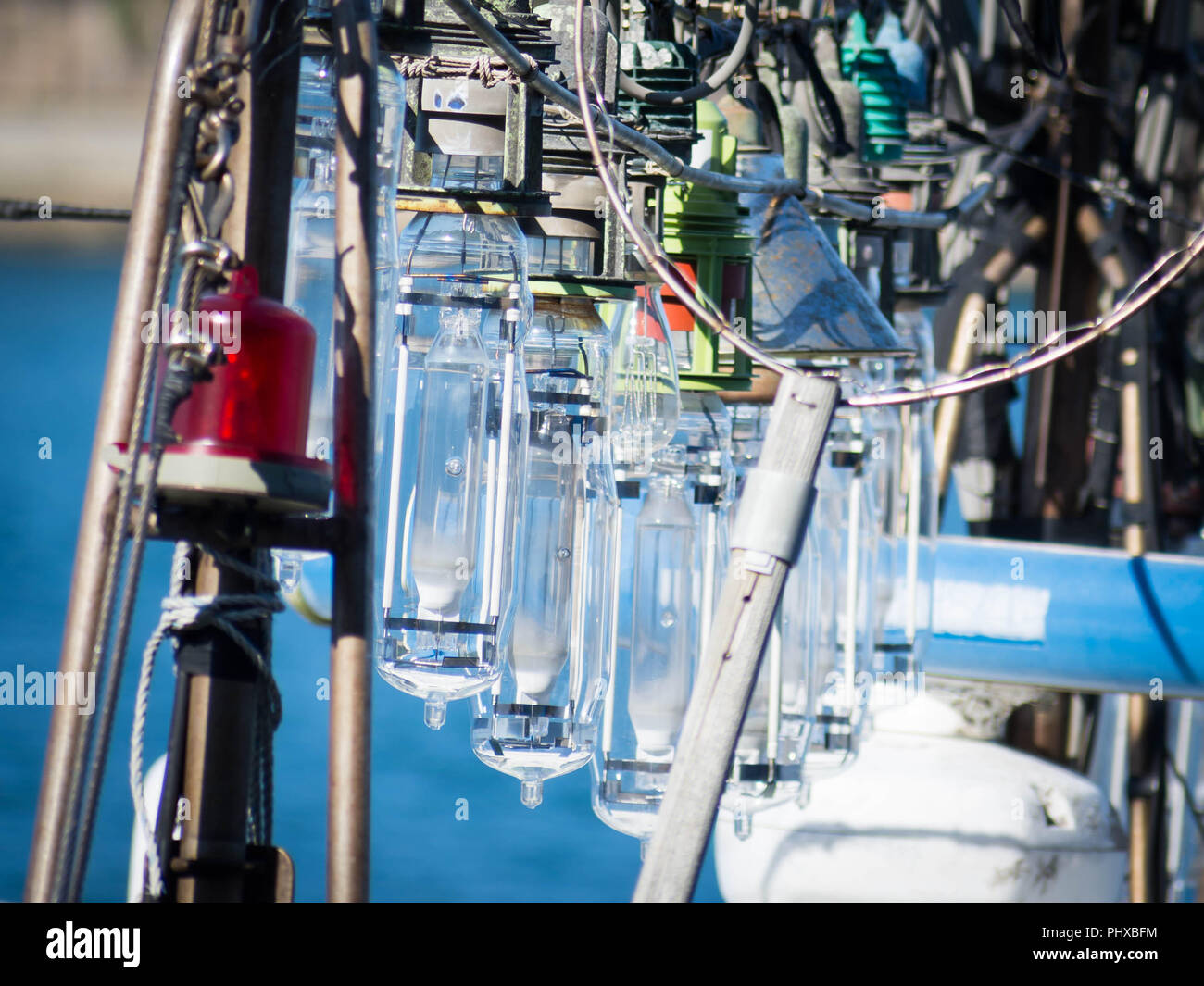 Set of fishing light bulbs on a fishing boat. Taken in Ashiya Town in ...