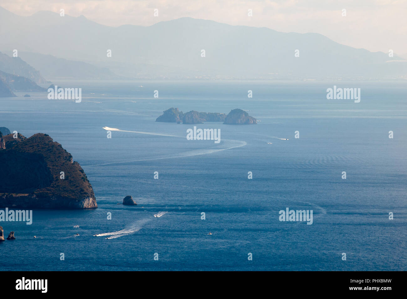 Beautiful aerial view of Napoli gulf from Capri island, with boat ...