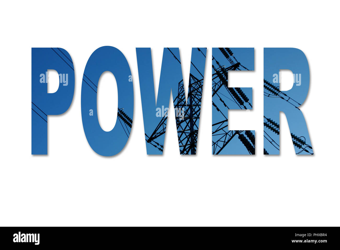 The word power with an image of an electricity pylon and power lines ...