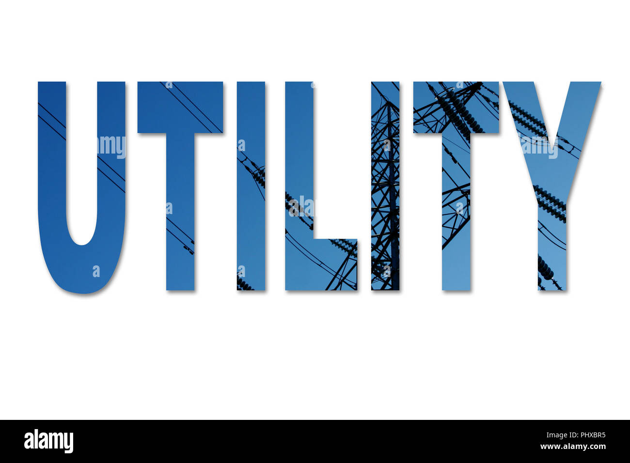 The word utility with an image of an electricity pylon and power lines ...