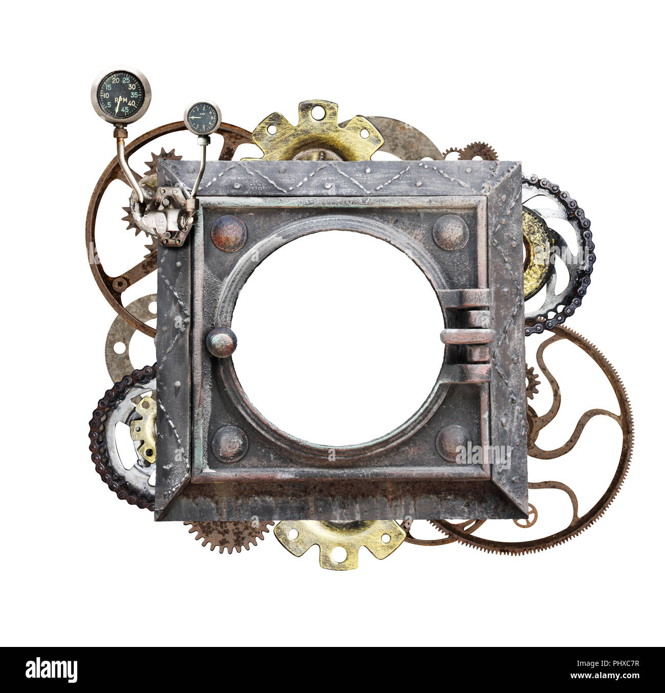 Metallic round frame with vintage machine gears and cogwheel. Isolated ...