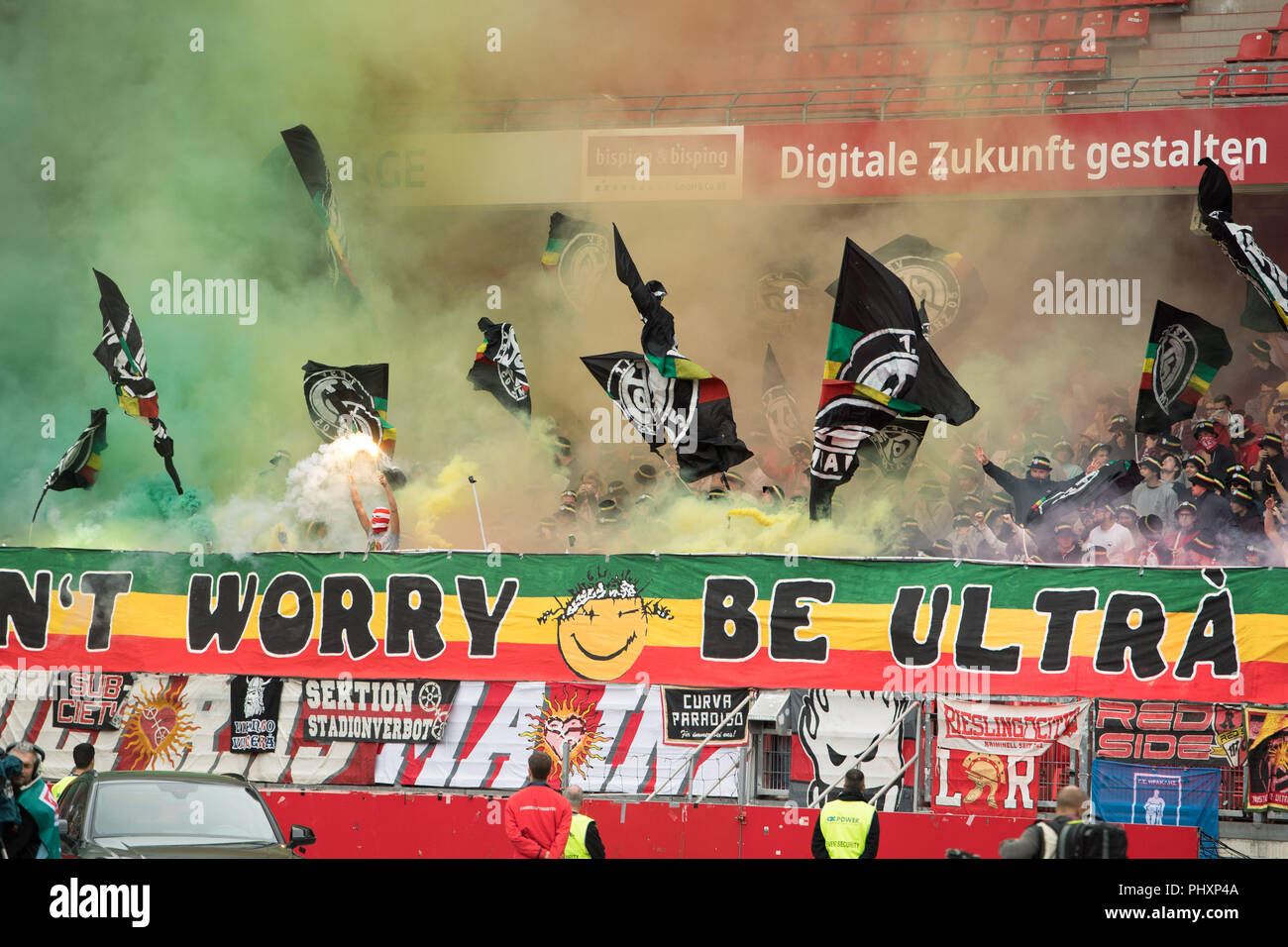 Nuremberg, Deutschland. 01st Sep, 2018. Mainzer Ultras in the block ...