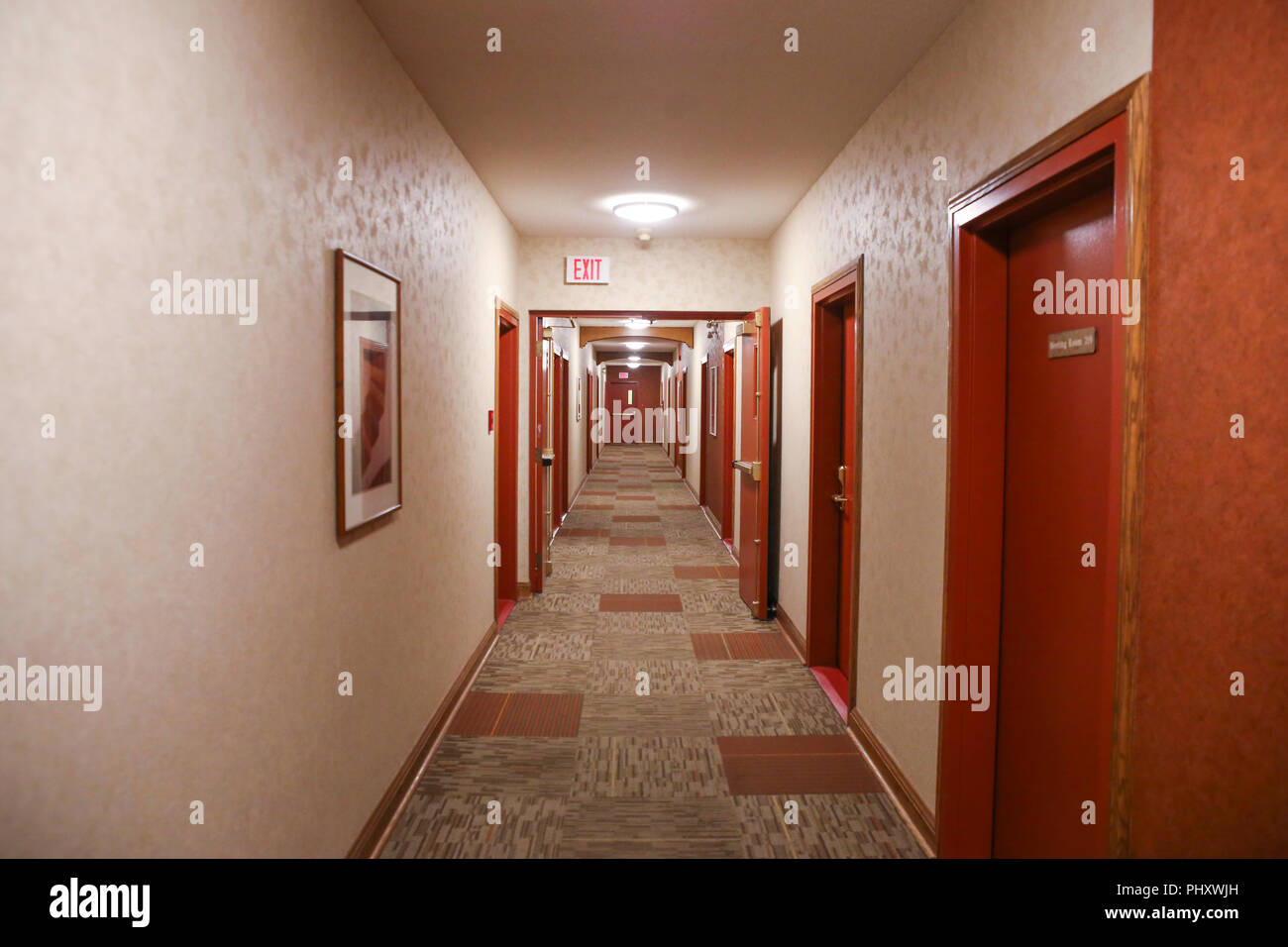 Minimalist hotel corridor. Red doors and grey and red carpete Stock ...