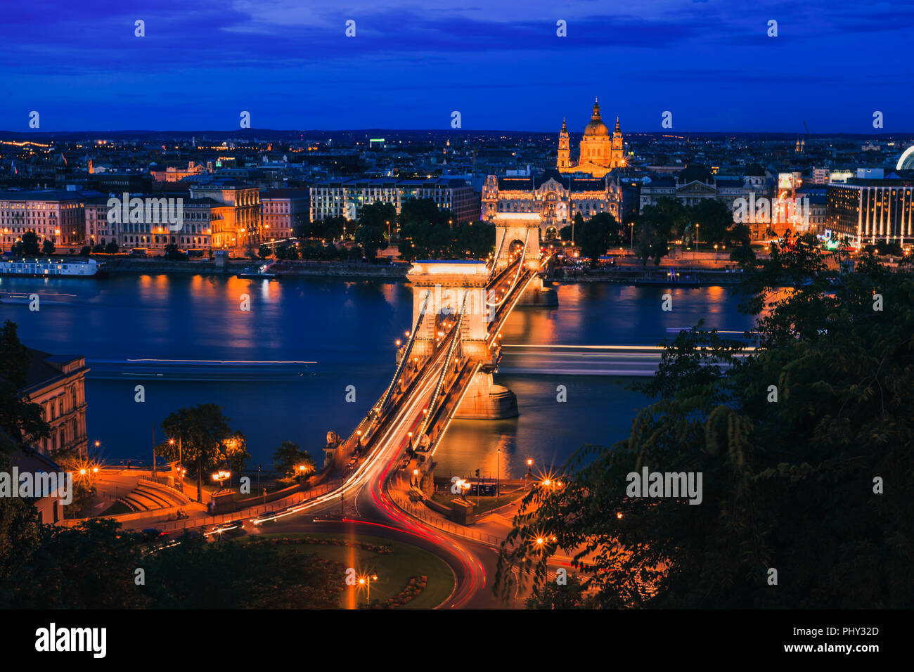 The Széchenyi Chain Bridge at night from the Budapest castle in Hungary ...