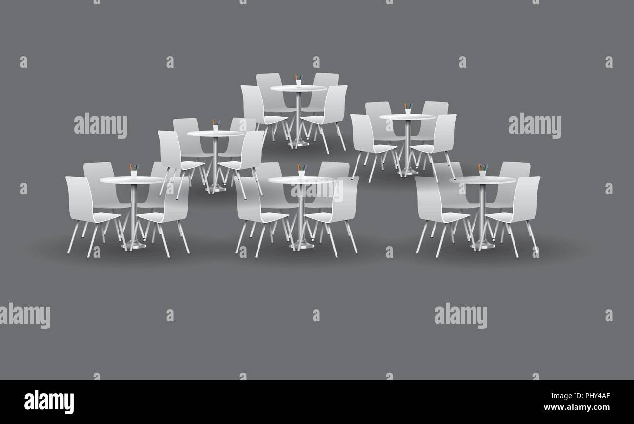 Group of White Modern round tables with chairs. Vector illustration ...