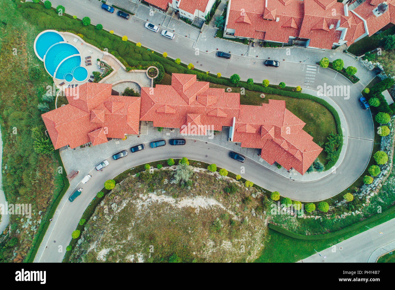 Aerial view of swimming pool and green garden in the beautiful resort ...