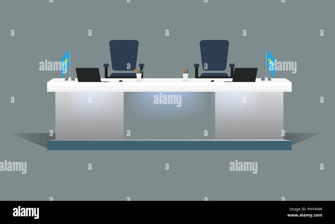 Blank White reception or exhibition table desk mockup. Flag notebook ...