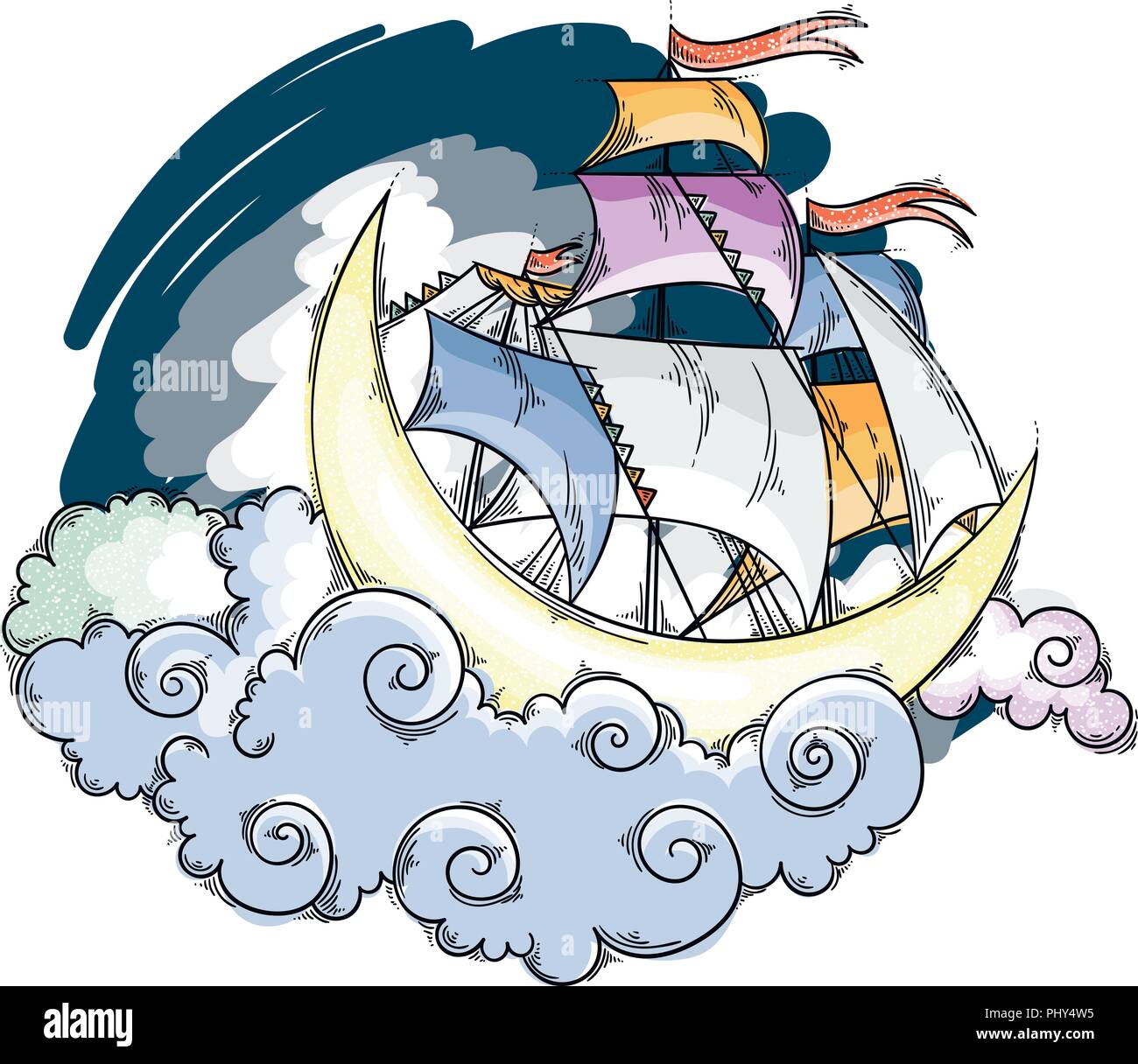 Magic moon flying ship in clouds above the sky. Fairy dreamland sailor ...