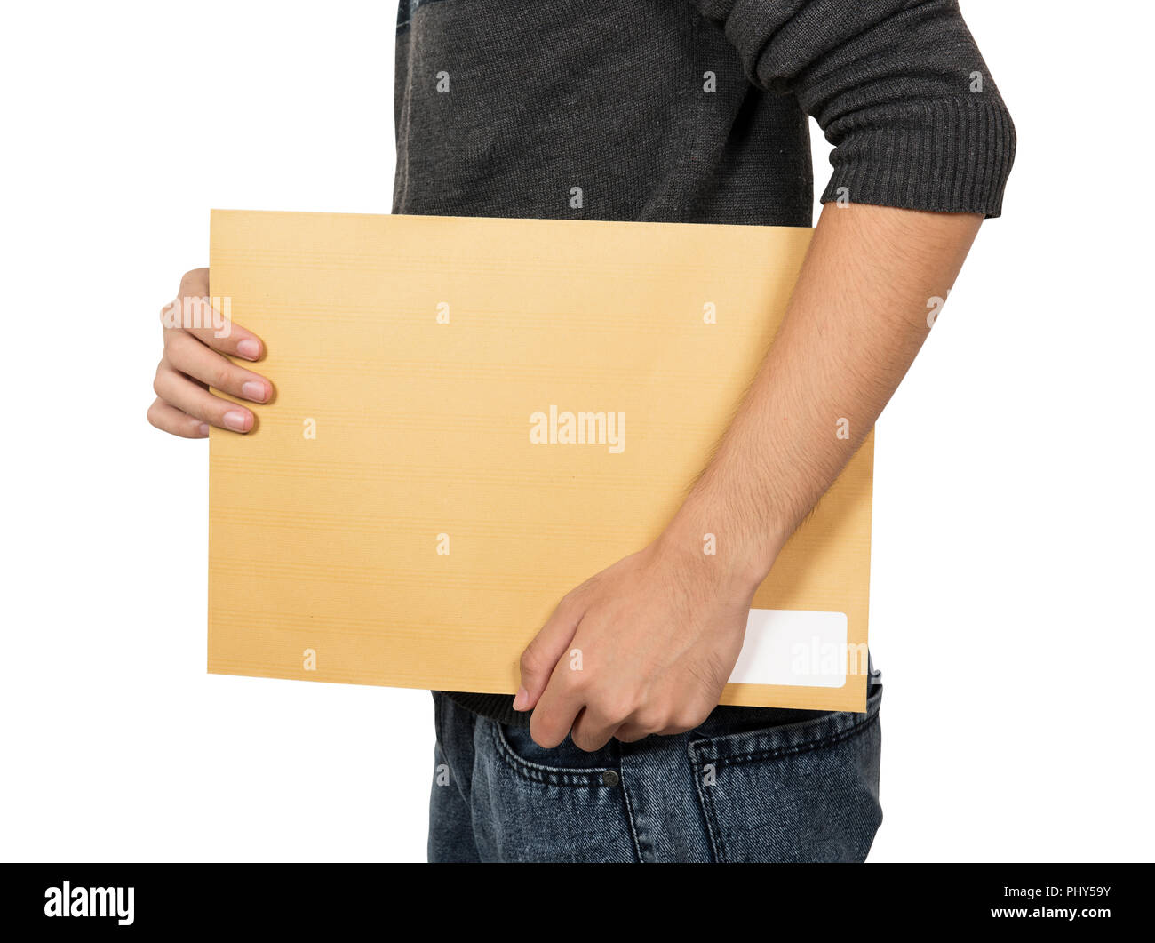 Man bring the brown envelope posing isolated over white background ...
