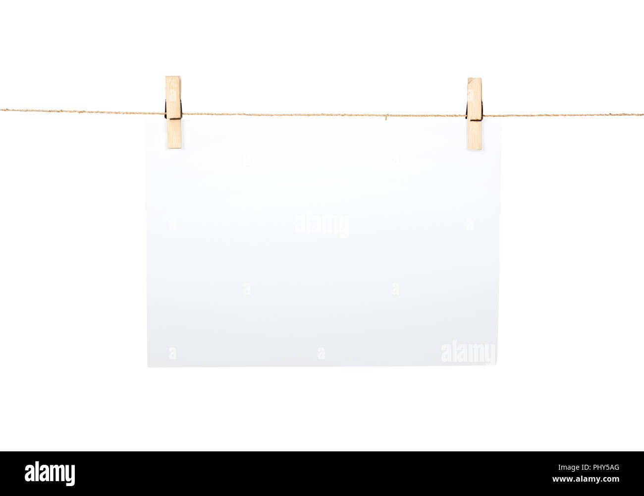 White paper sheet hanged on the rope isolated over white background ...