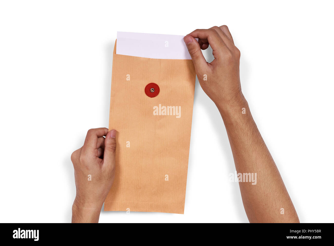 Hands pull the white paper from envelope isolated over white background ...
