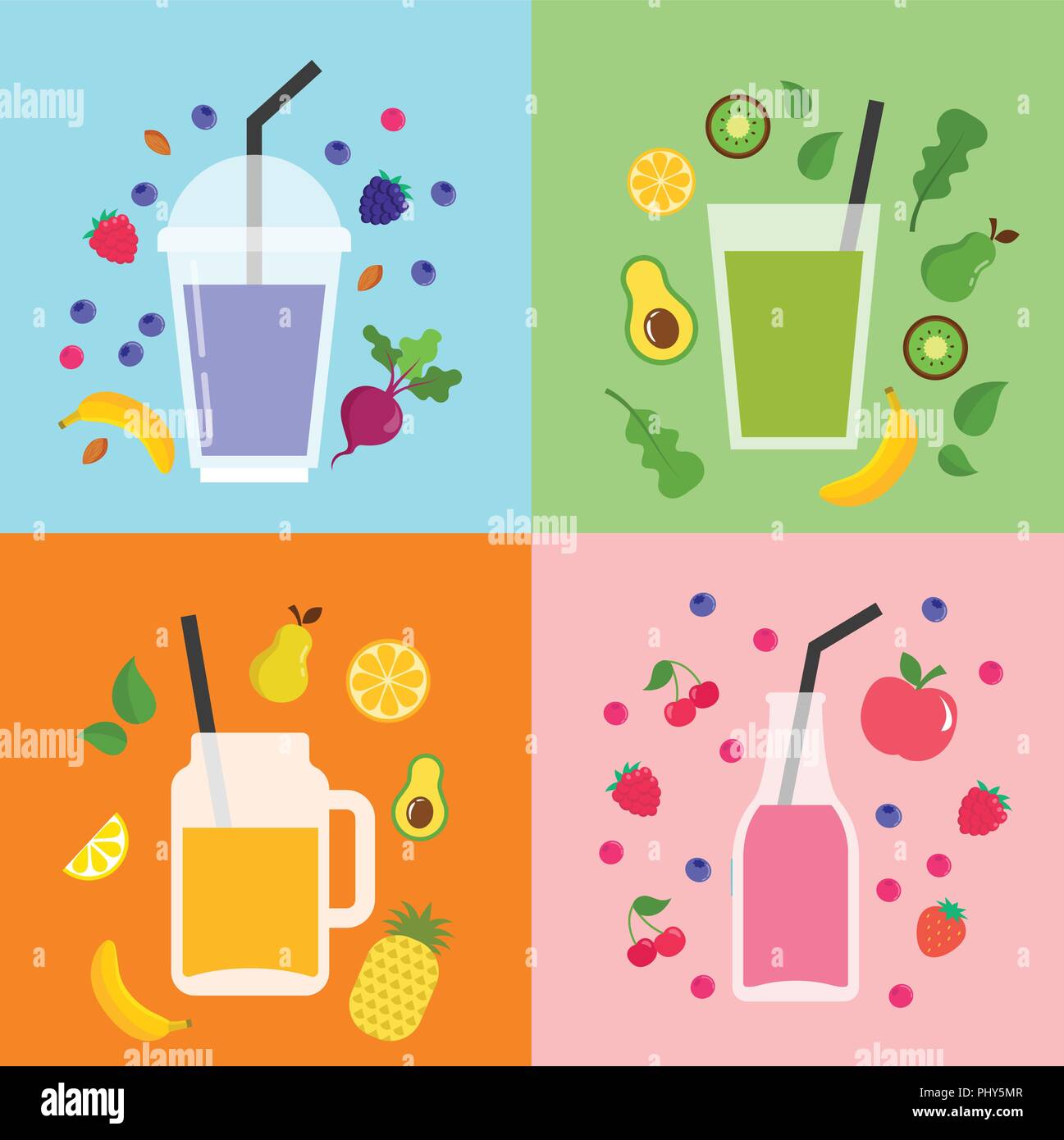 Collection of different colorful smoothies, fruit shakes in a bottles ...