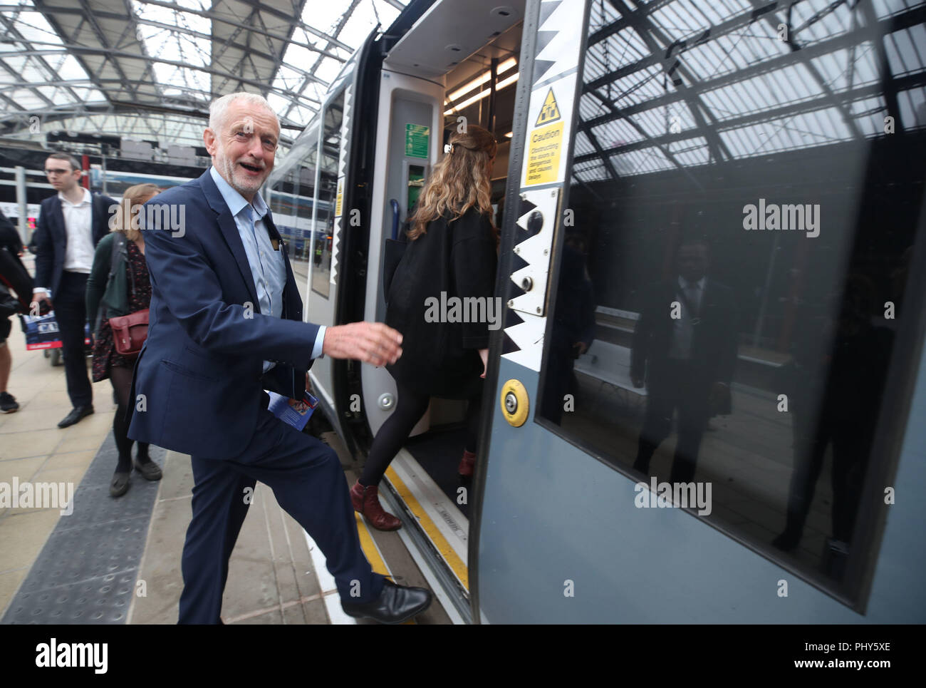 Labour leader corbyn train at manchester victoria station hi-res stock ...