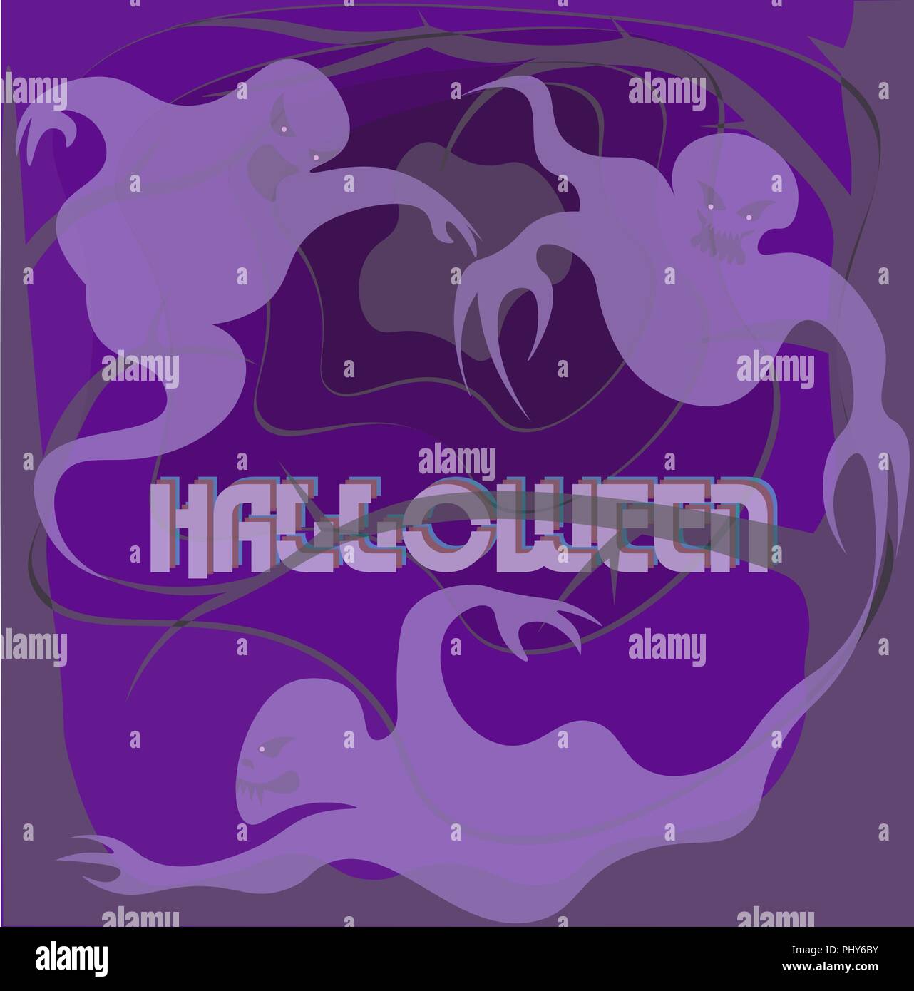 three ghosts on an ultraviolet background with a spiky tree of a ...