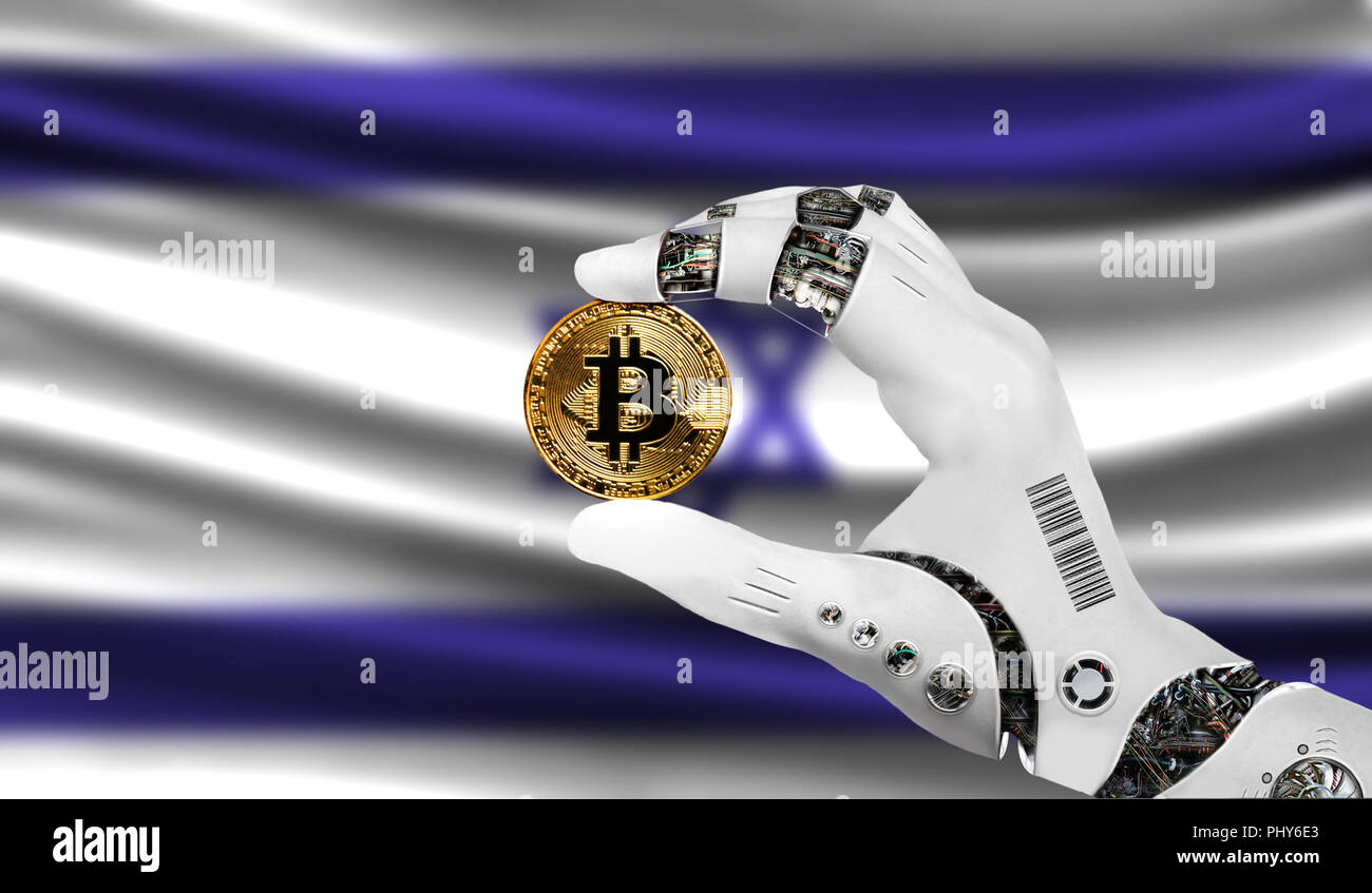 crypto currency bitcoin in the robot's hand, the concept of artificial intelligence, background ...