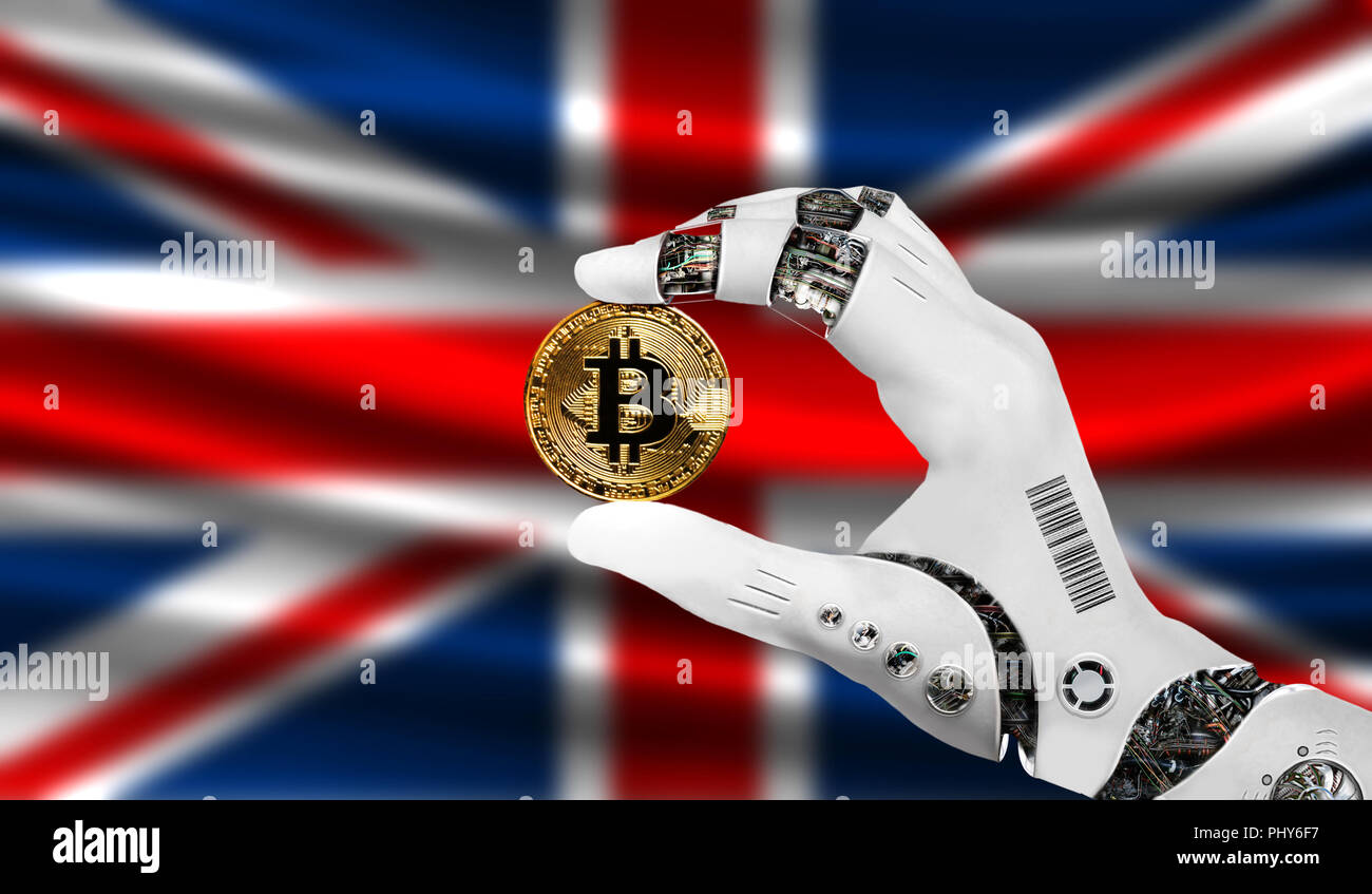 crypto currency bitcoin in the robot's hand, the concept of artificial intelligence, background ...
