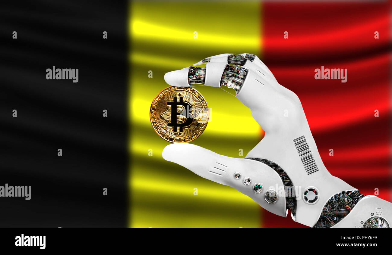 crypto currency bitcoin in the robot's hand, the concept of artificial intelligence, background ...