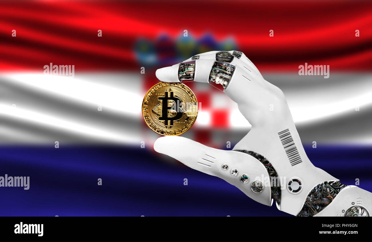 crypto currency bitcoin in the robot's hand, the concept of artificial intelligence, background ...