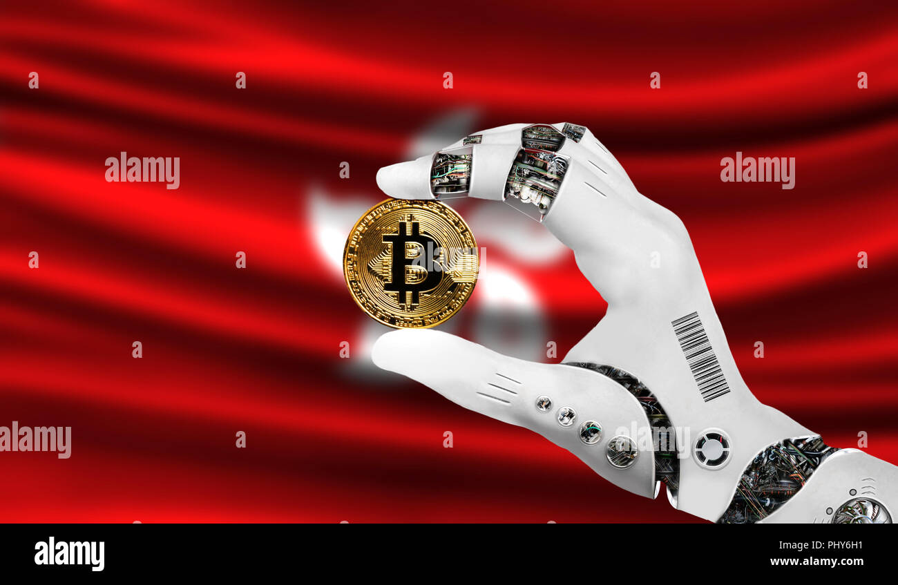crypto currency bitcoin in the robot's hand, the concept of artificial ...
