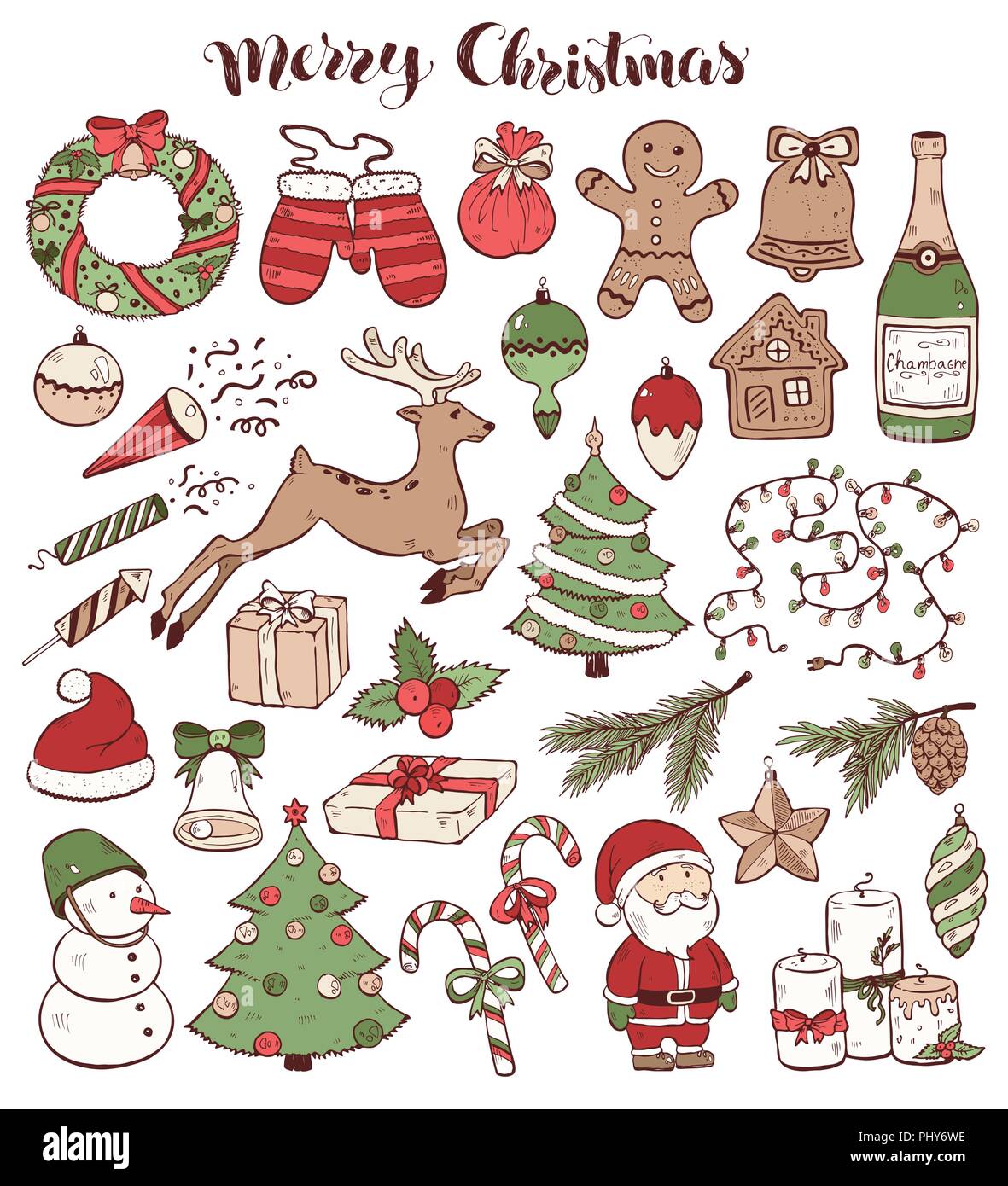 Merry Christmas traditional symbols in doodle style isolated on white background. Vector illustration of New Year attributes. Santa deer gingerbread Stock Vector Image Art Alamy
