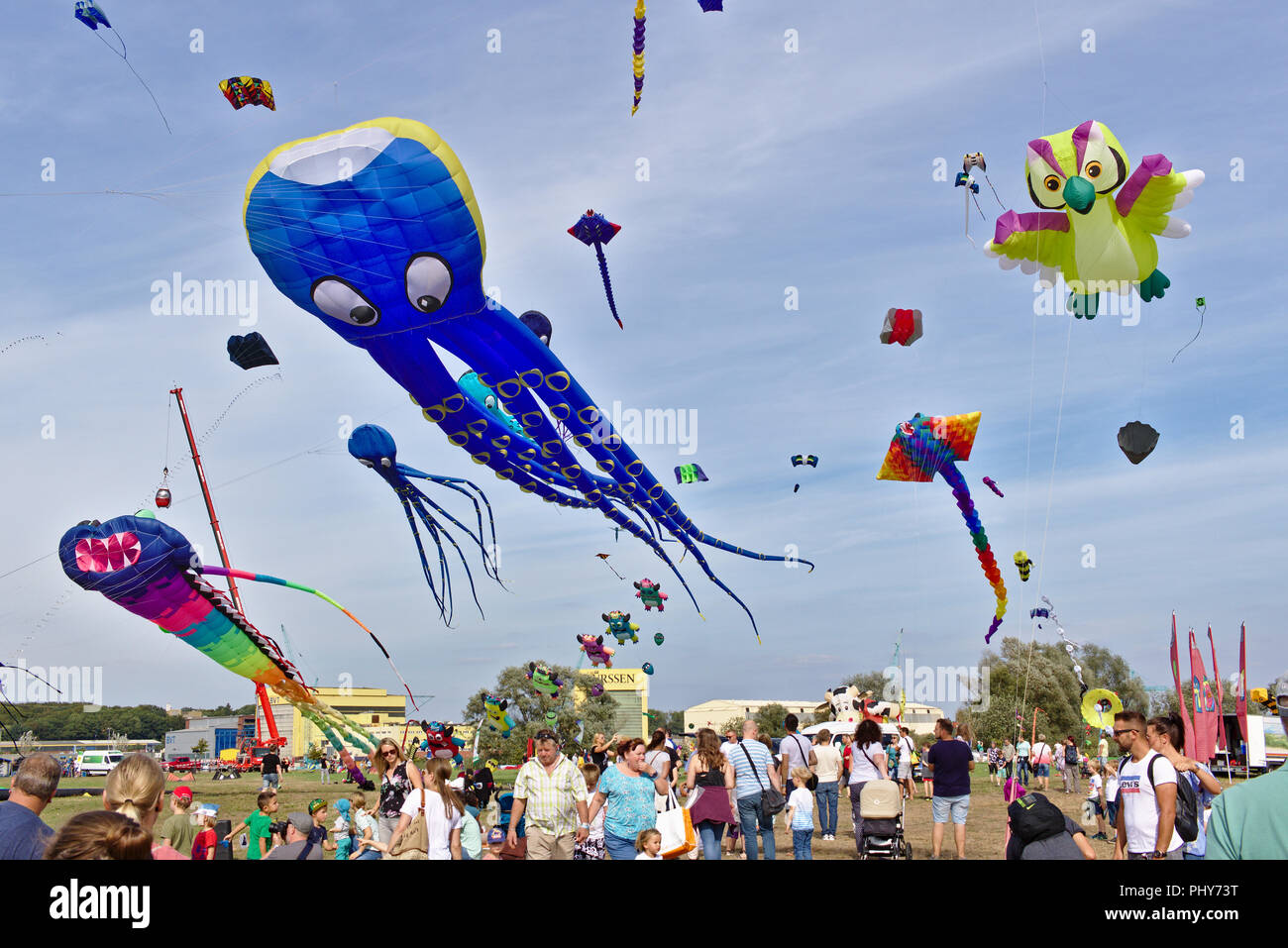 Lemwerder, Germany - August 18th, 2018 - Large blue kite in the shape ...