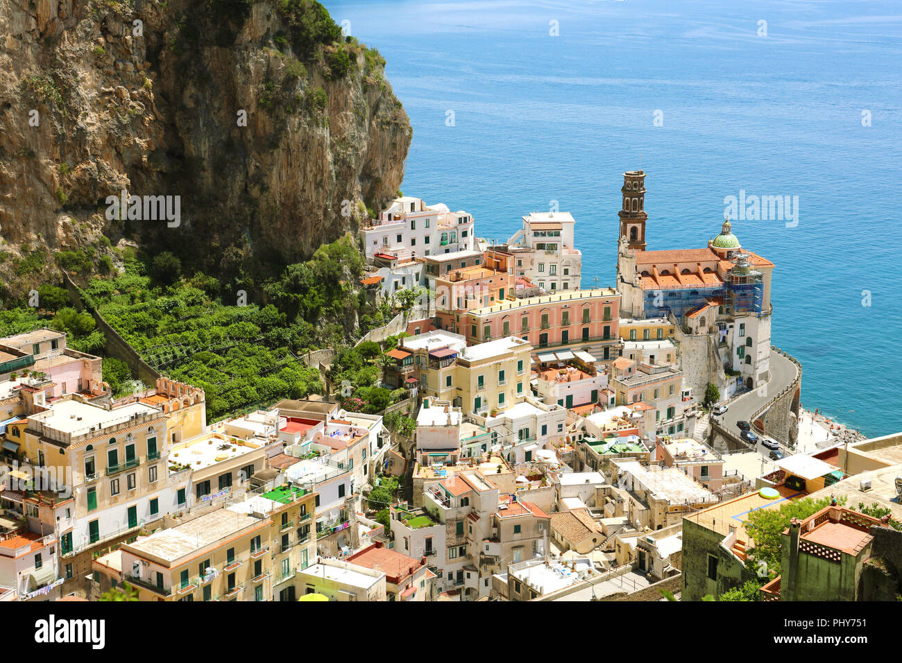 Beautiful aerial view of Atrani village between green branches and ...