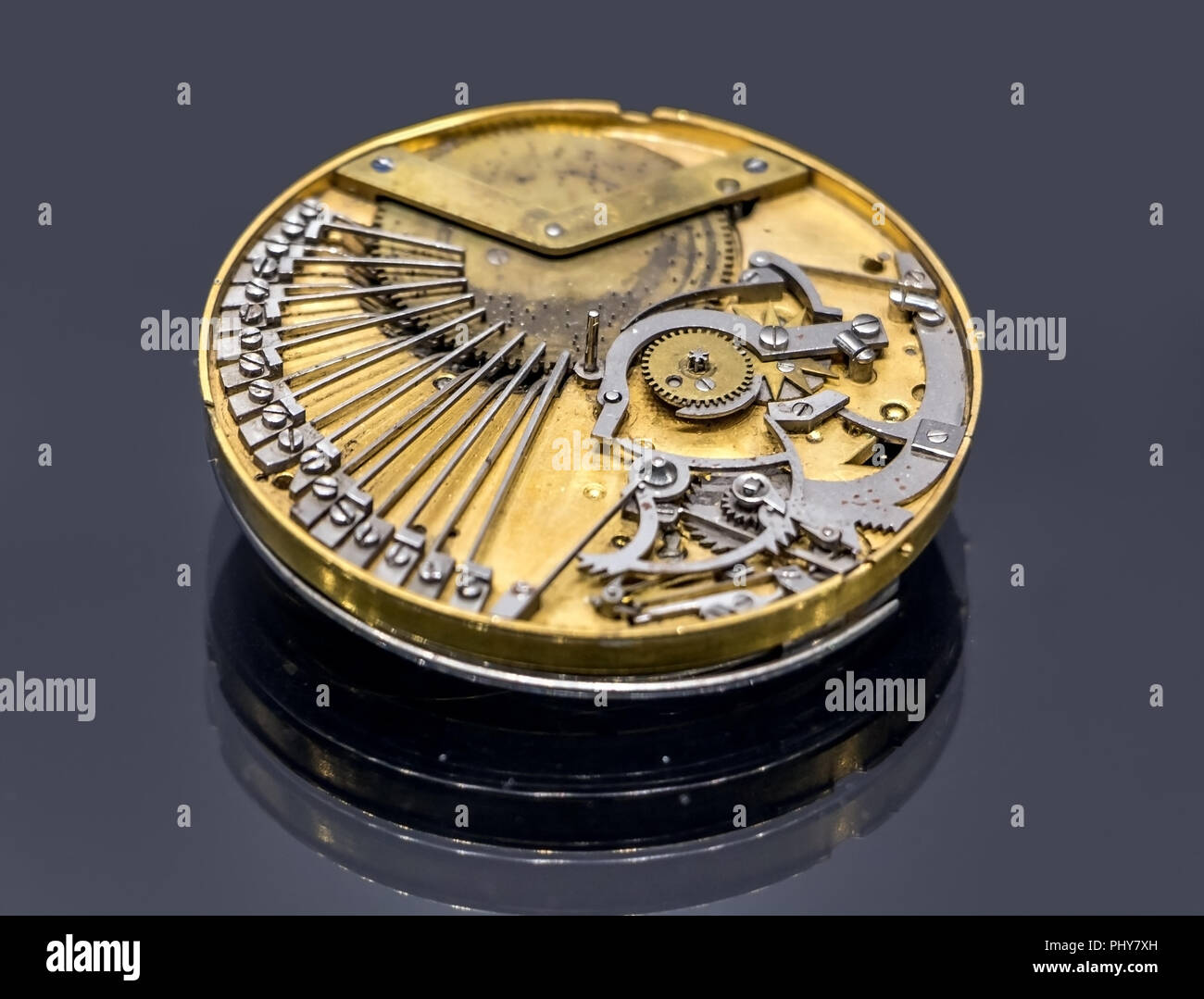 Pocket Watch with Musical Mechanism, on black table with reflection ...