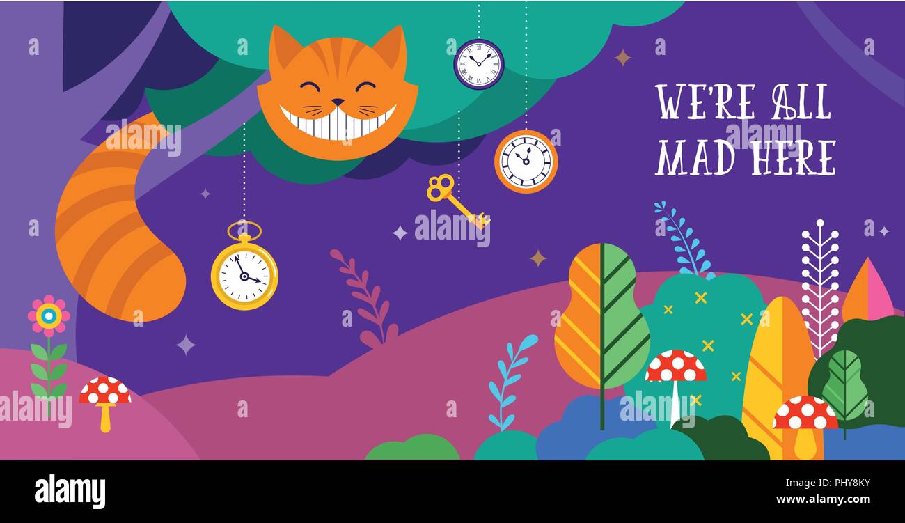 Alice in Wonderland banner, poster and card. We are mad here. Colorful ...