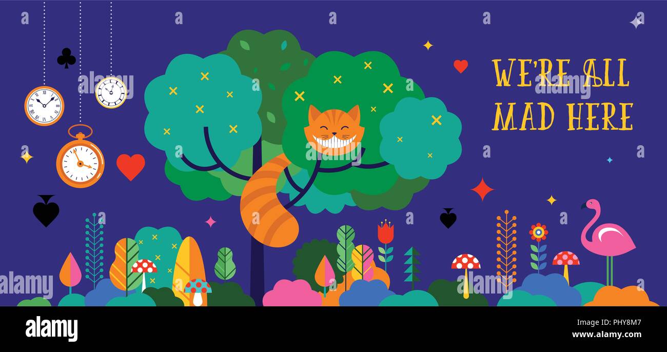 Alice in Wonderland banner, poster and card. We are mad here. Colorful ...