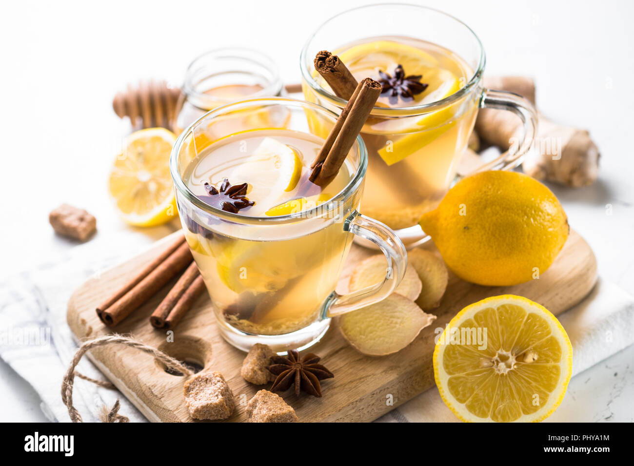 Hot Ginger tea with lemon, honey and spices Stock Photo - Alamy