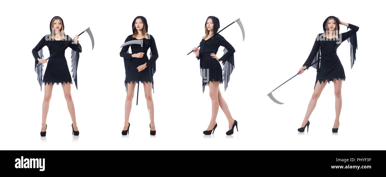 Woman in halloween concept with scythe Stock Photo - Alamy