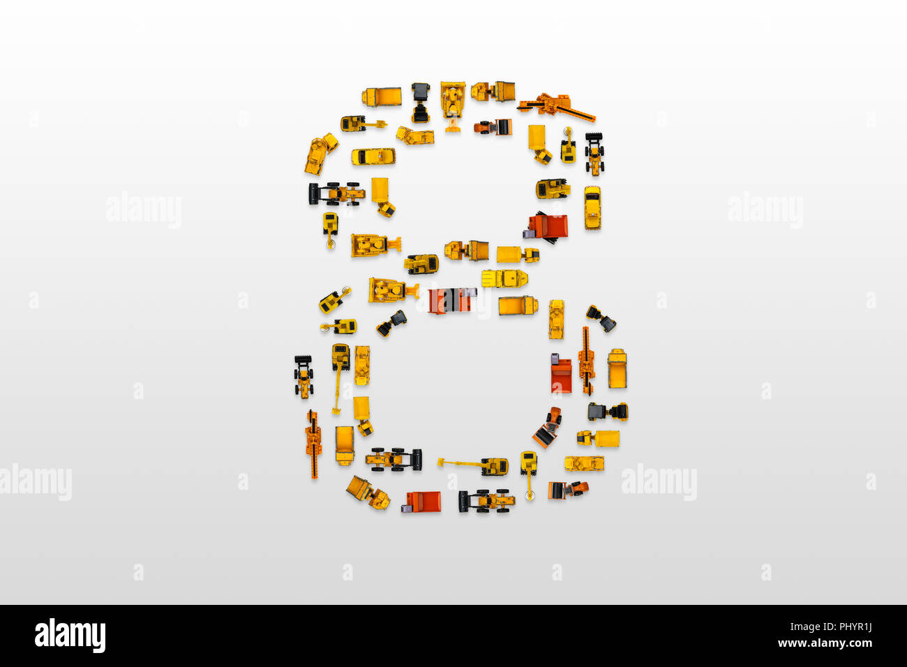 Number formed by arrangement of Car toy diecast on the white background ...
