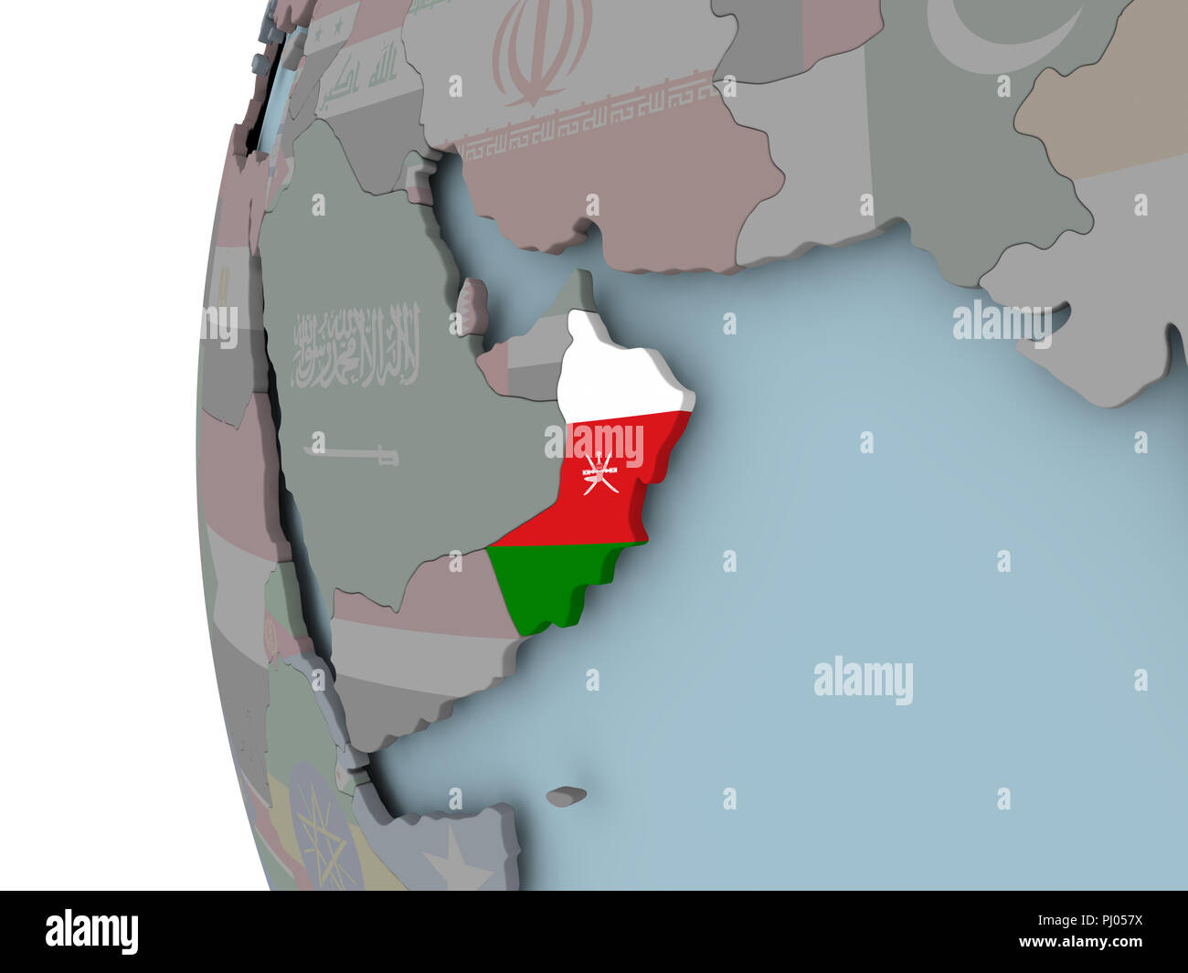 Oman with embedded flag on political globe. 3D illustration Stock Photo ...