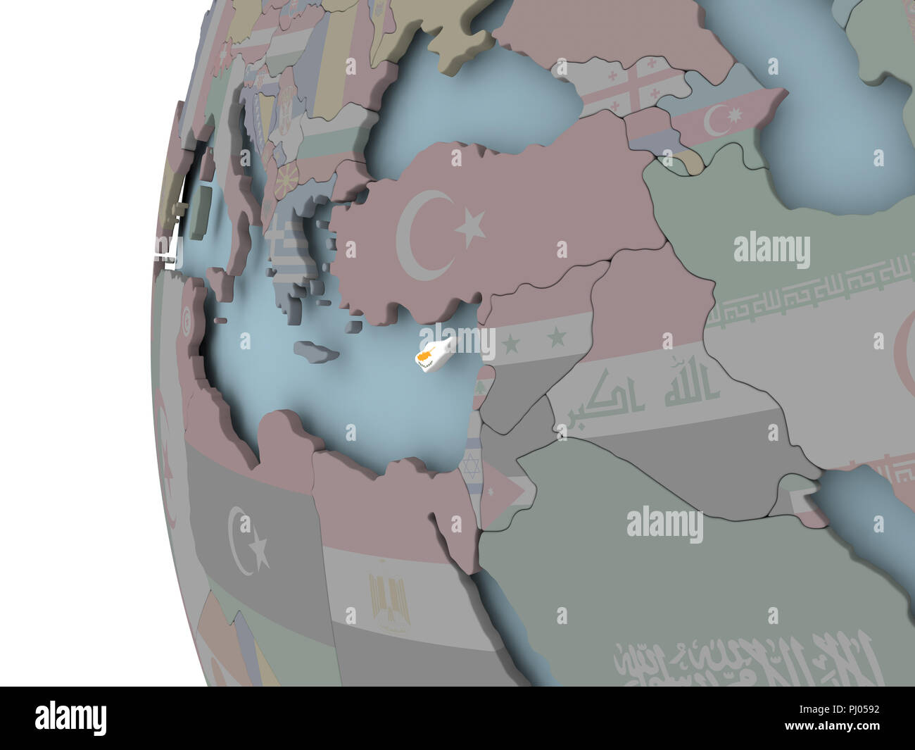 Cyprus with embedded flag on political globe. 3D illustration Stock ...