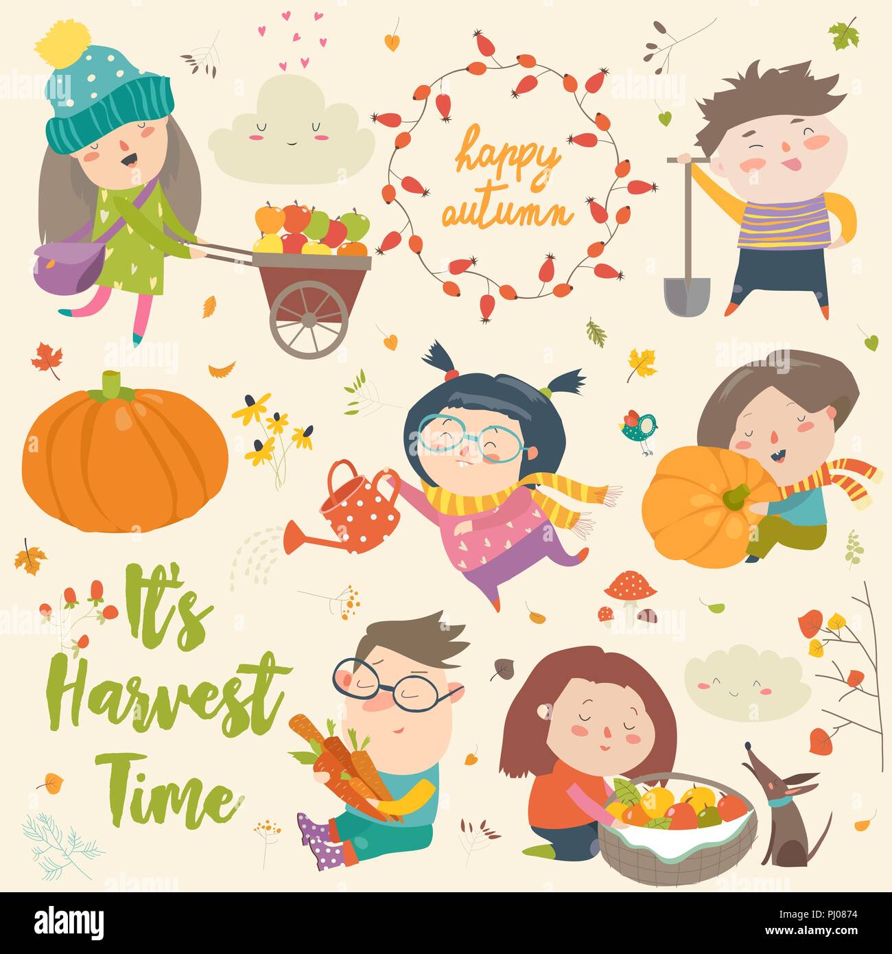 Harvesting set with kids, fruit and vegetables Stock Vector Image & Art ...