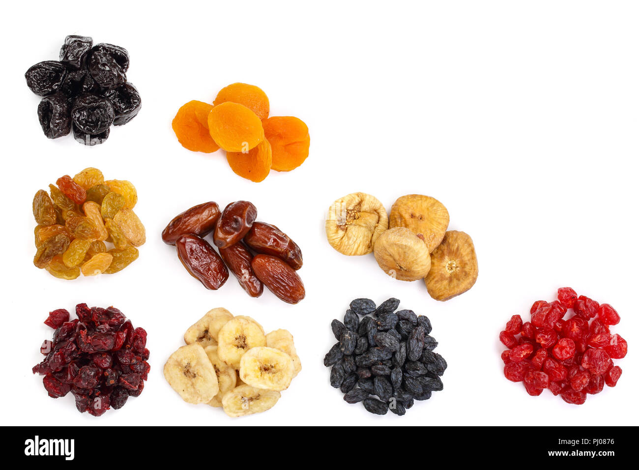 Set of dried fruits isolated on white background with copy space for ...