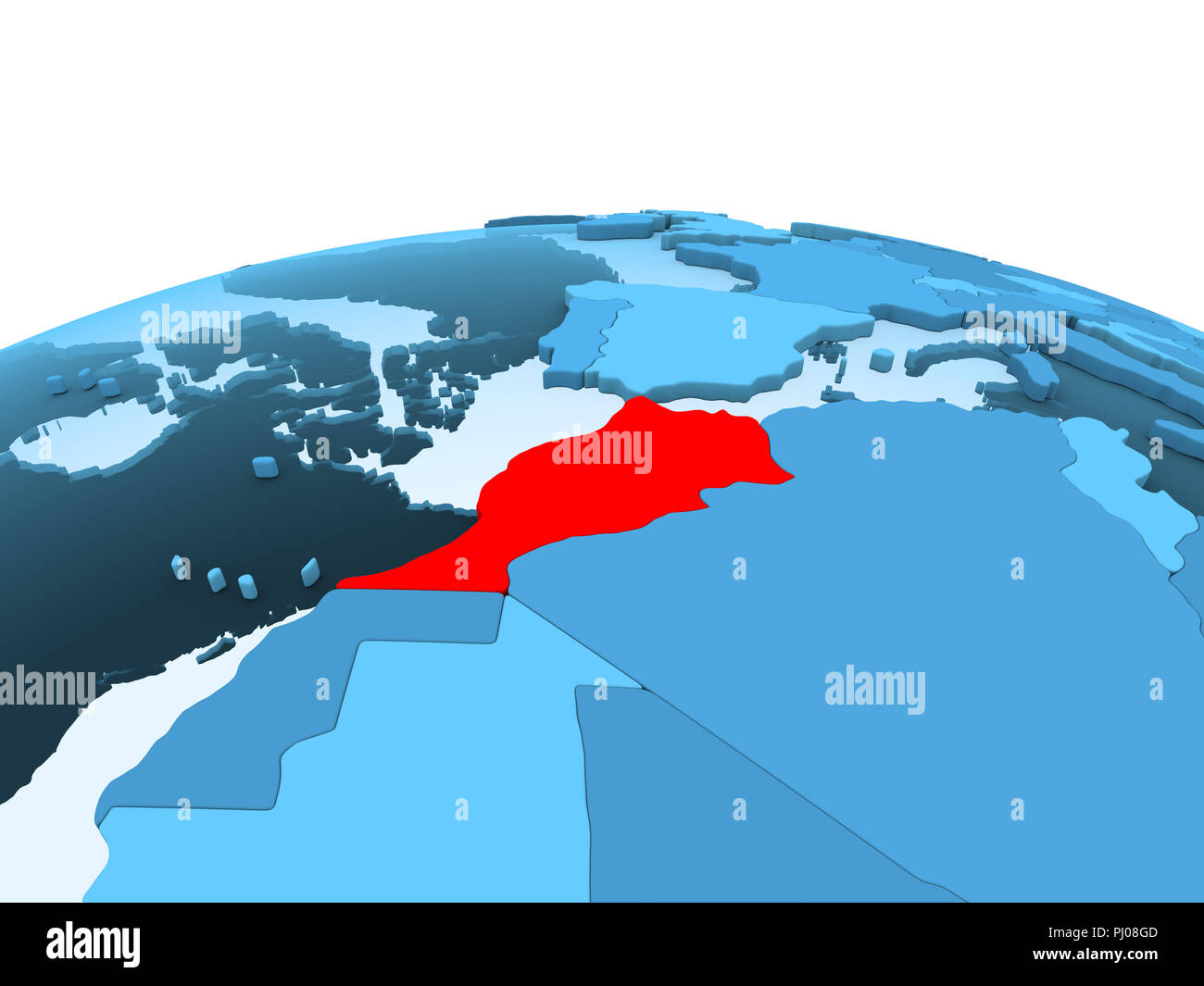Map of Morocco in red on blue political globe with transparent oceans ...