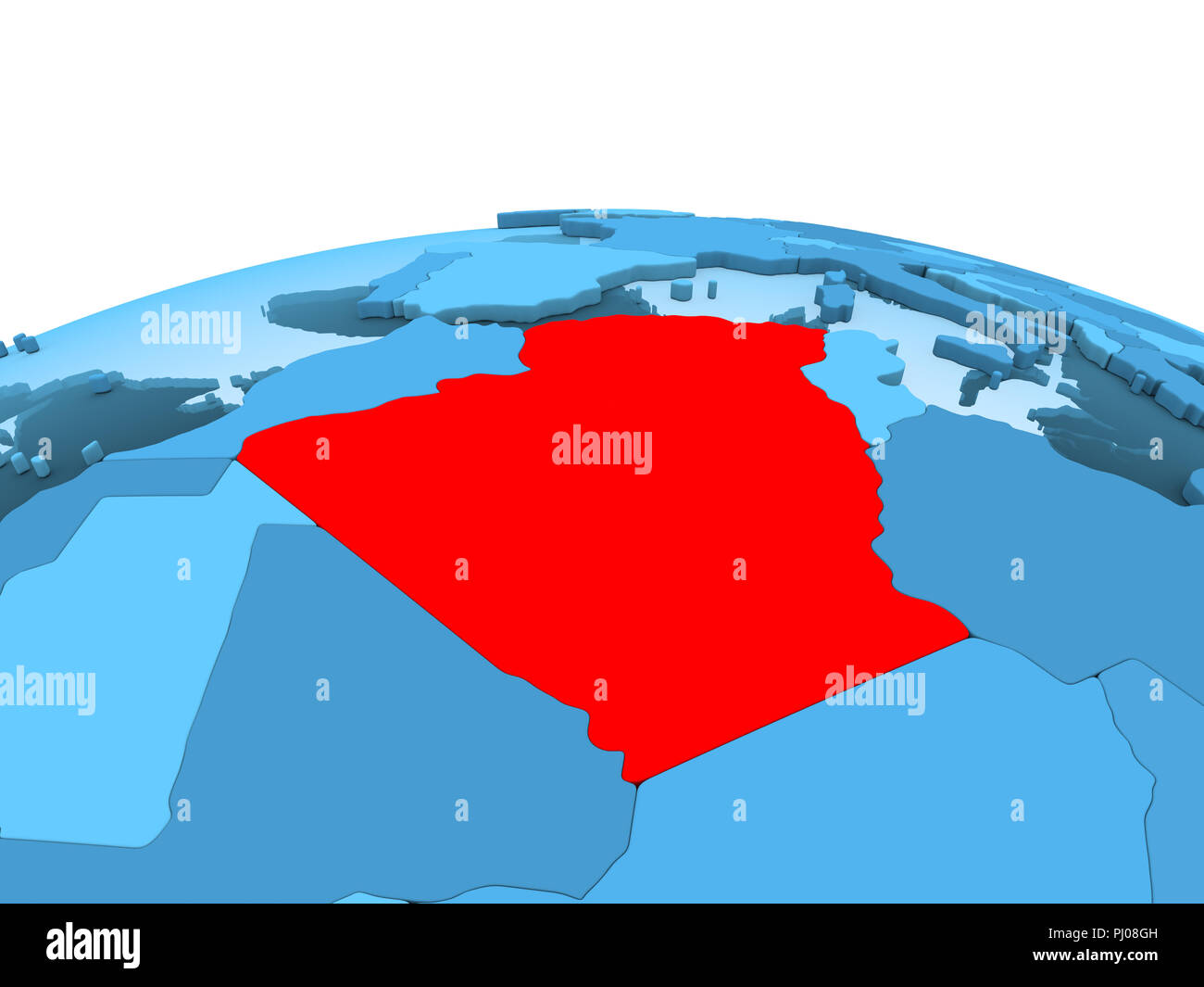 Map of Algeria in red on blue political globe with transparent oceans ...