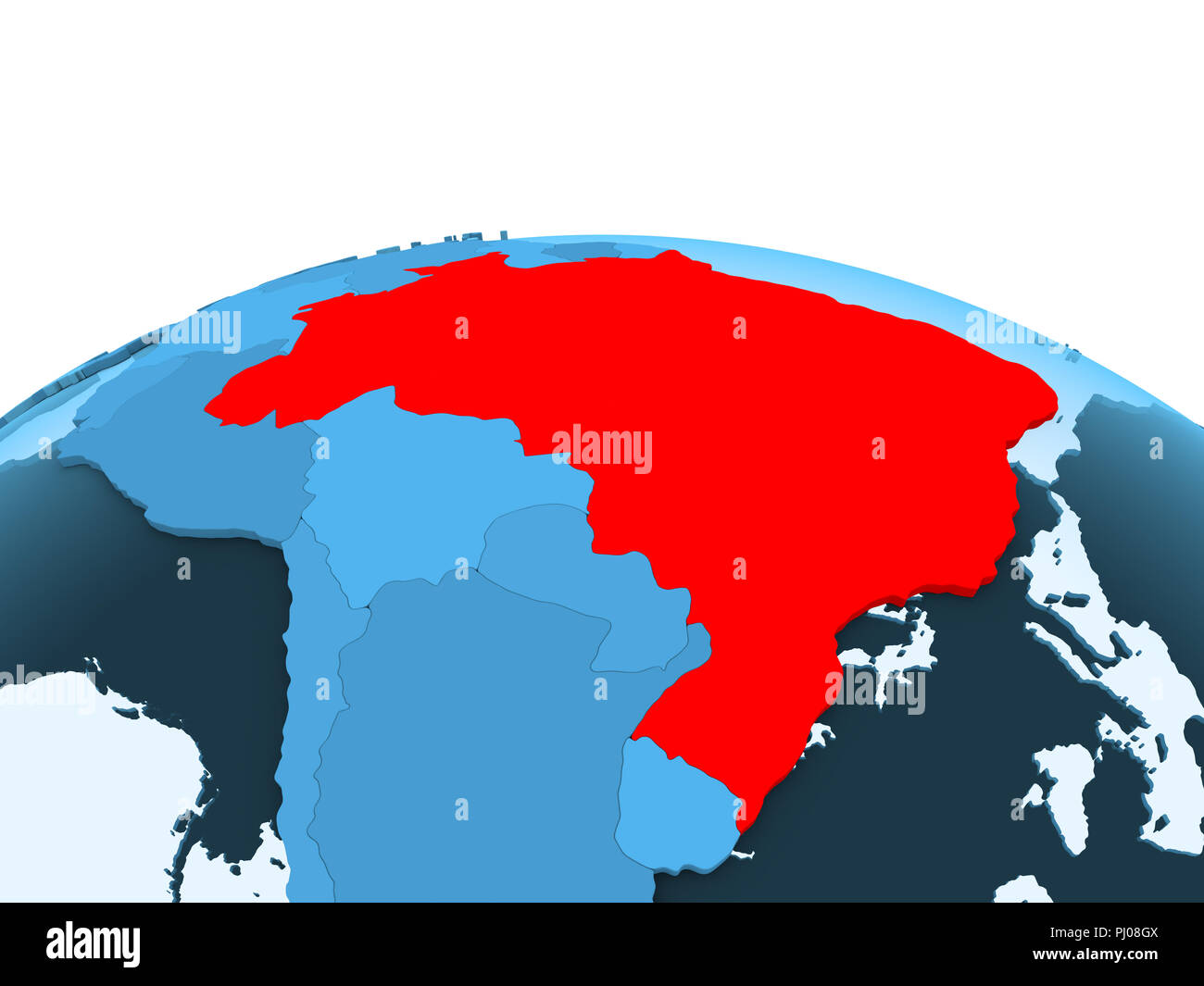 Map of Brazil in red on blue political globe with transparent oceans ...