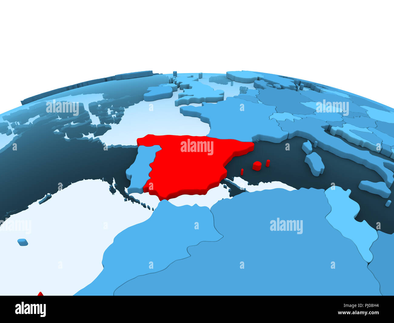Map of Spain in red on blue political globe with transparent oceans. 3D ...