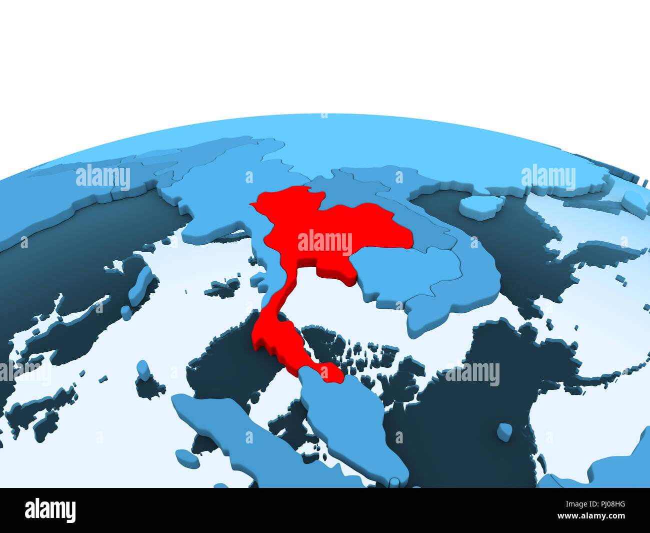 Map of Thailand in red on blue political globe with transparent oceans ...