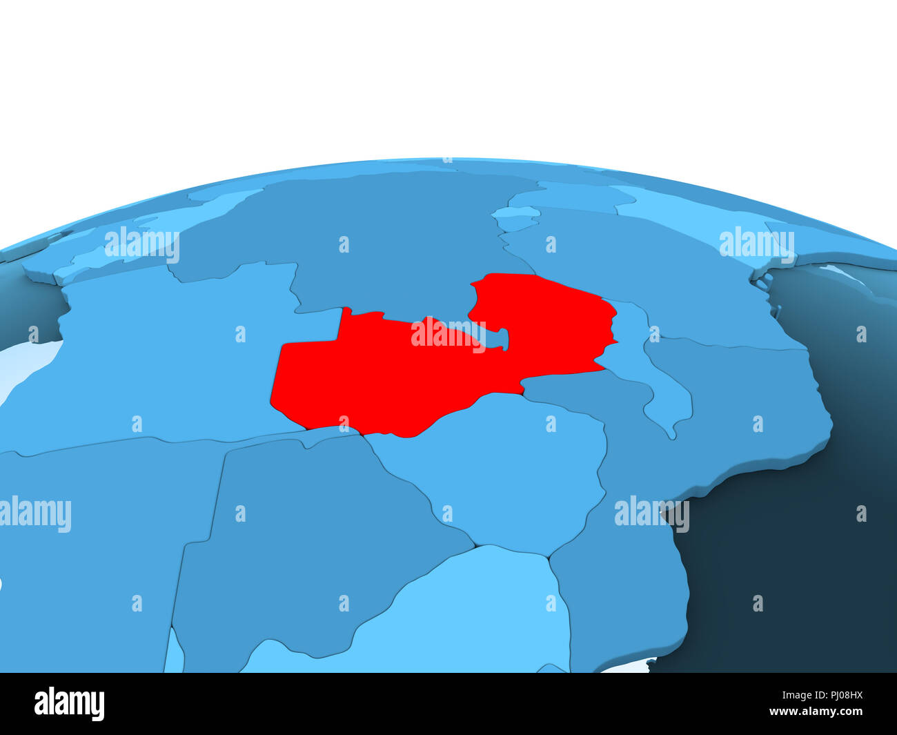 Map of Zambia in red on blue political globe with transparent oceans ...