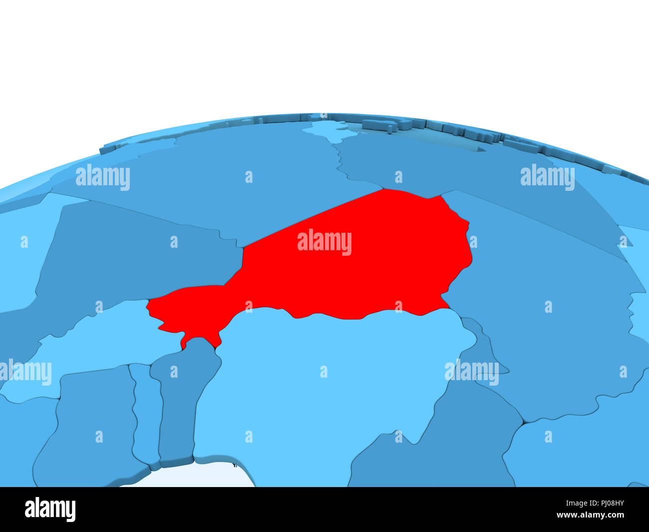 Map of Niger in red on blue political globe with transparent oceans. 3D ...