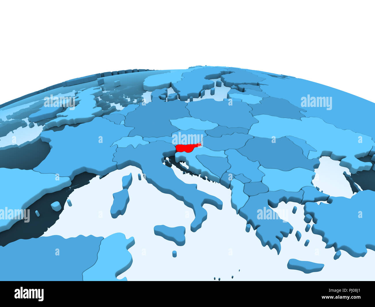 Map of Slovenia in red on blue political globe with transparent oceans ...