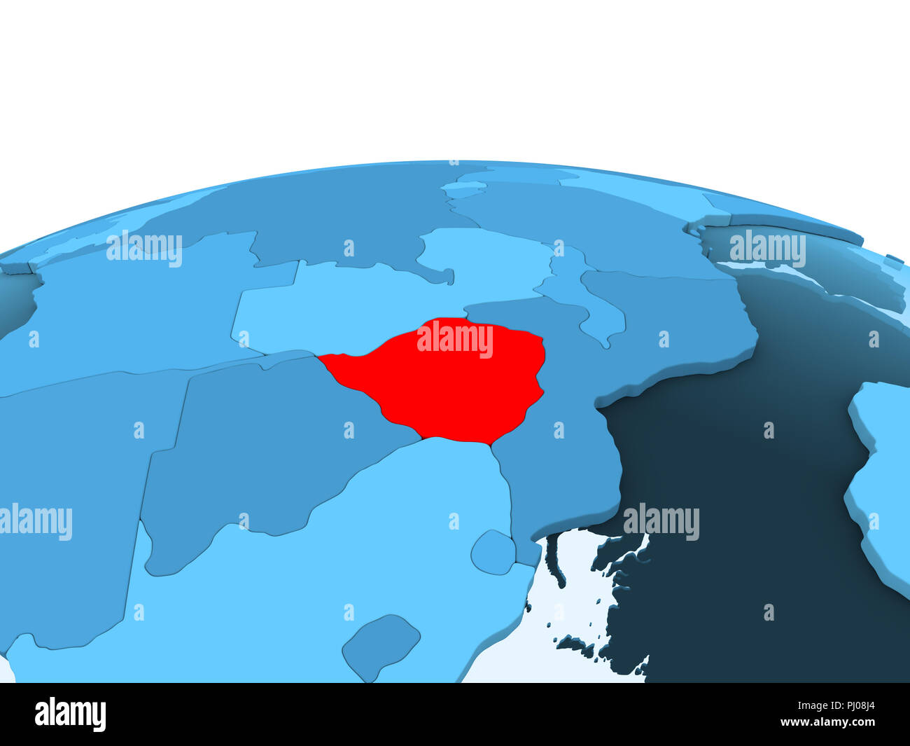 Map of Zimbabwe in red on blue political globe with transparent oceans ...