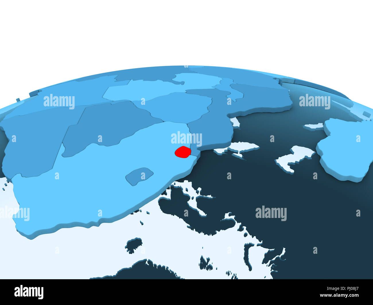 Map of Swaziland in red on blue political globe with transparent oceans ...