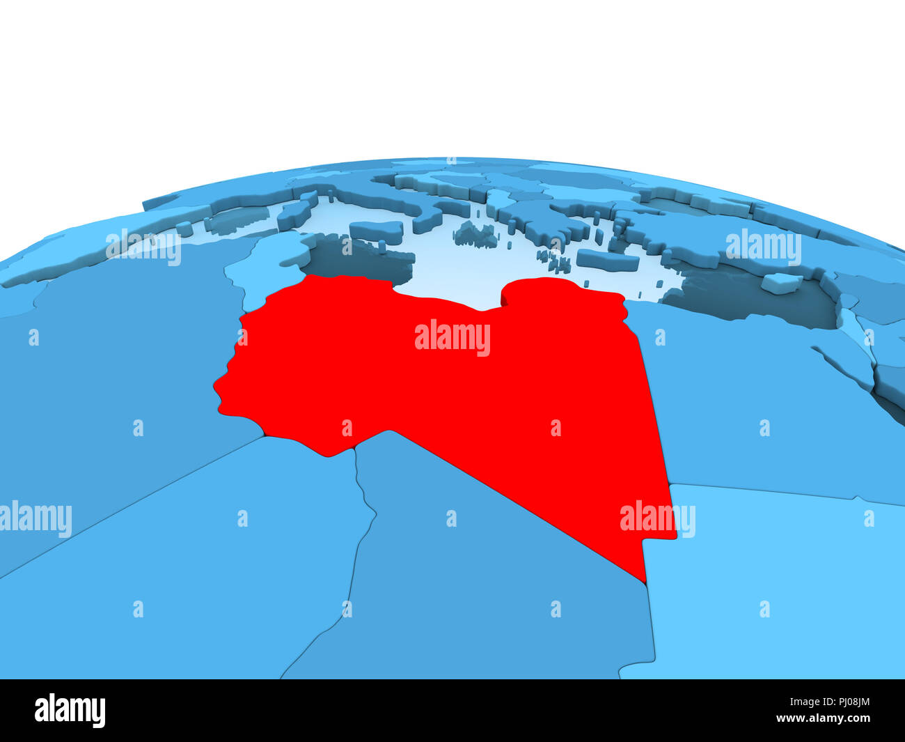 Map of Libya in red on blue political globe with transparent oceans. 3D ...
