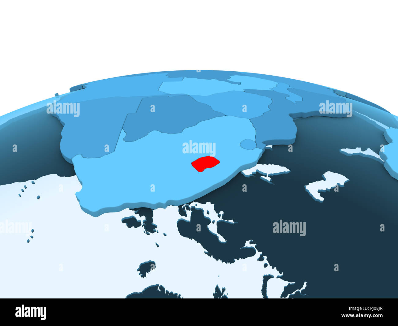 Map of Lesotho in red on blue political globe with transparent oceans ...