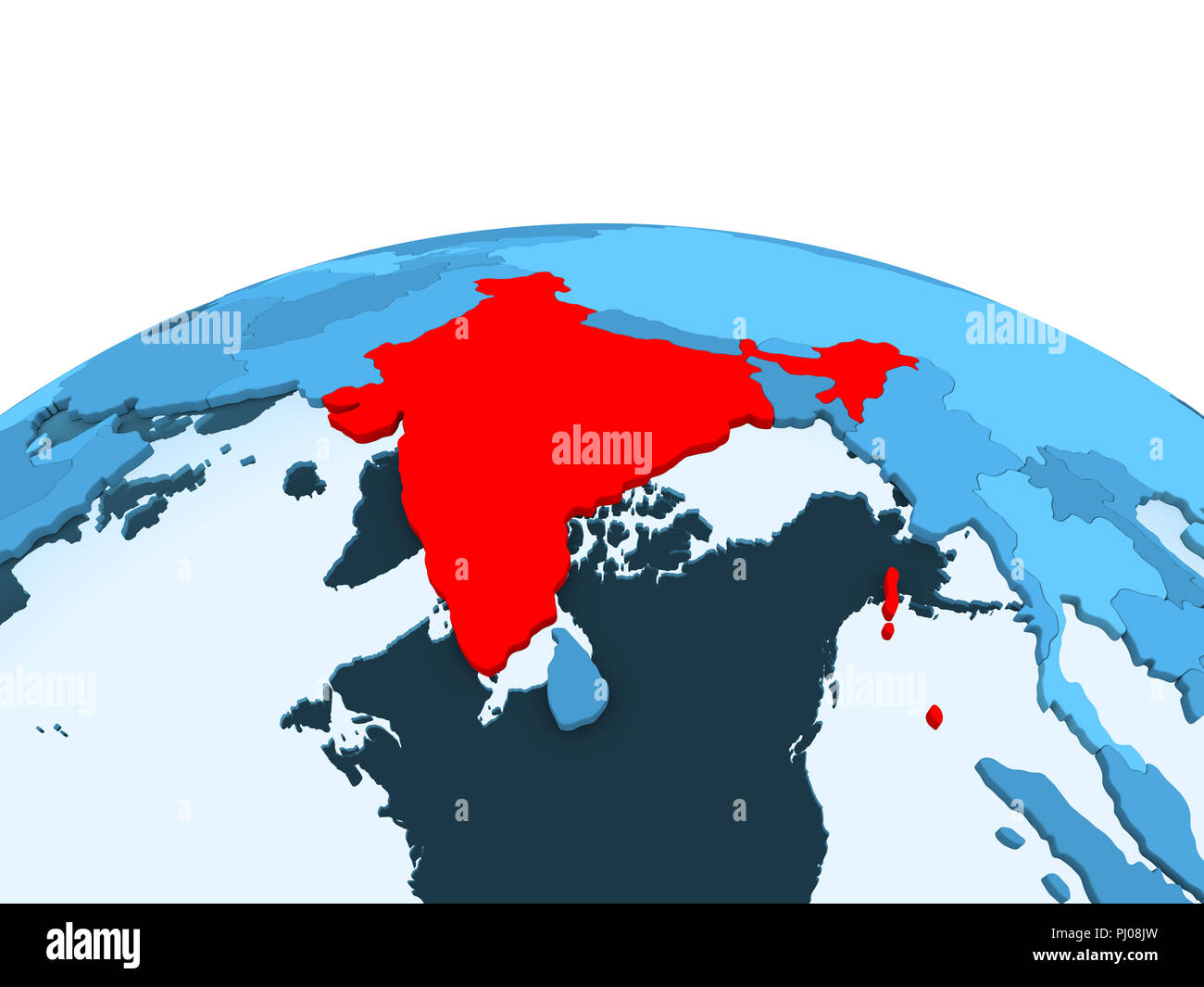 Map of India in red on blue political globe with transparent oceans. 3D ...