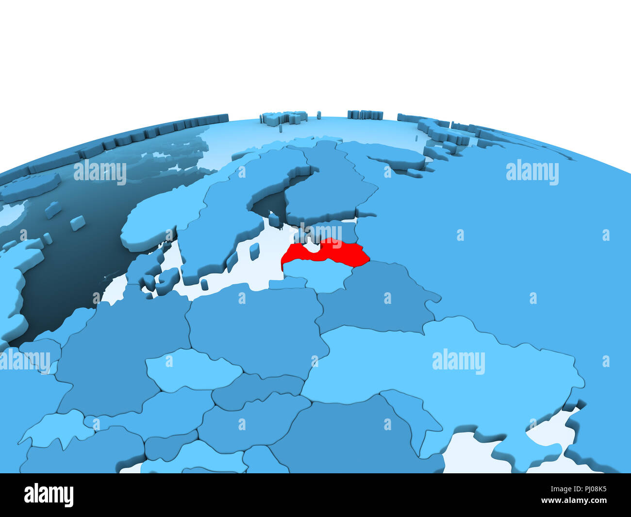 Map of Latvia in red on blue political globe with transparent oceans ...